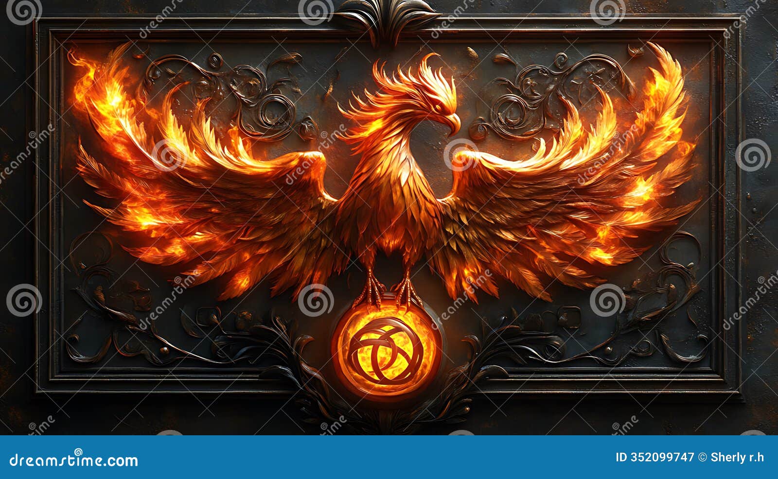 A Fiery Phoenix in a Decorative Frame, with Wings Outstretched and a ...