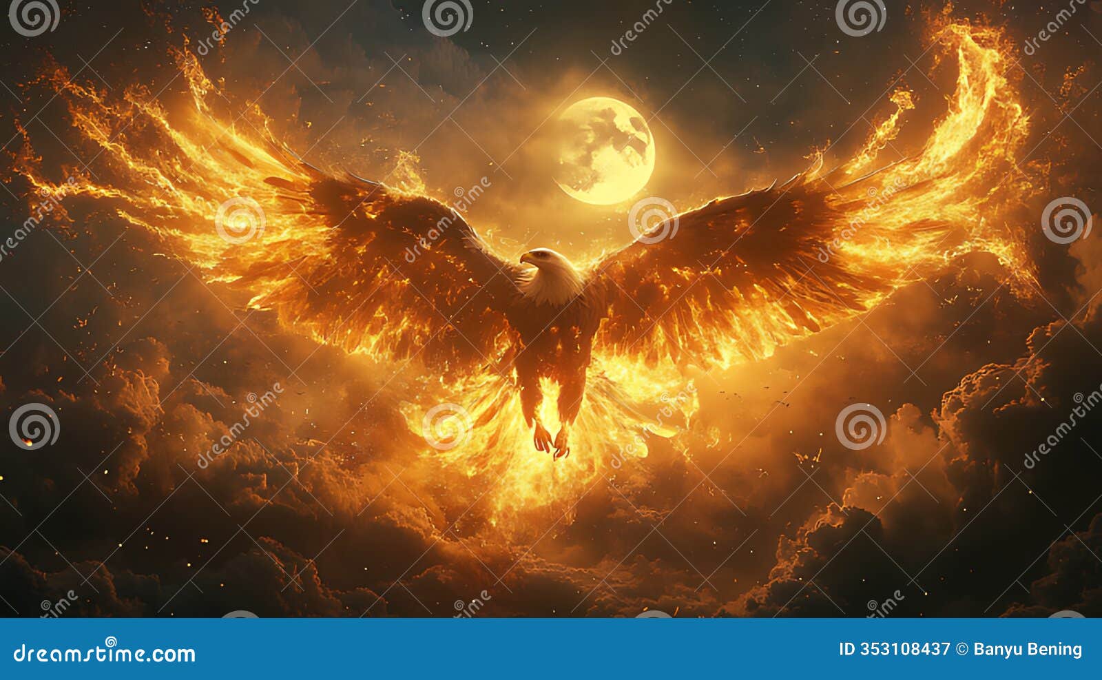Fiery Phoenix Eagle in Flight Against a Full Moon and Night Sky Stock ...