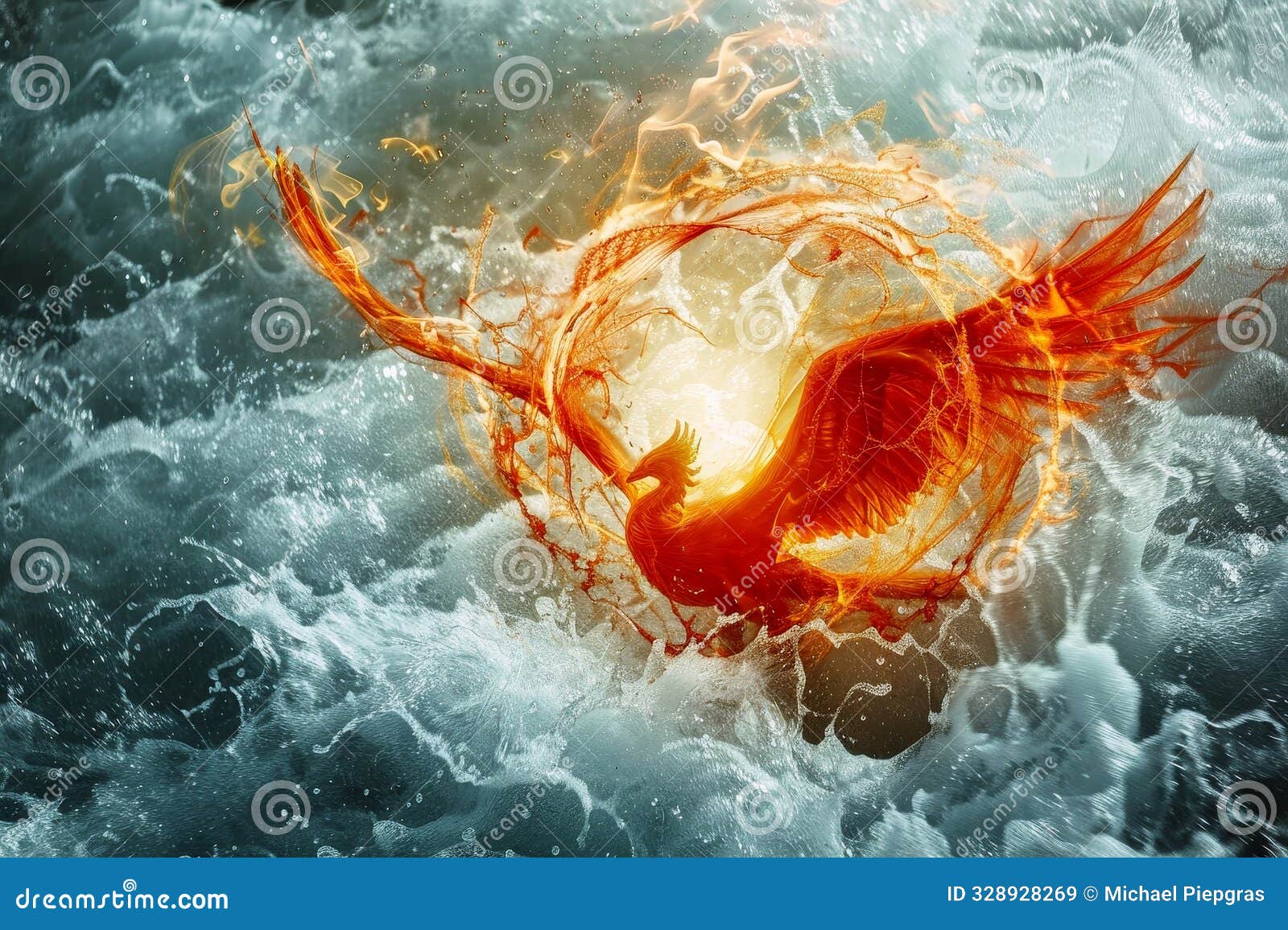 A Fiery Phoenix Emerges from a Swirling Vortex of Water and Wind Stock ...
