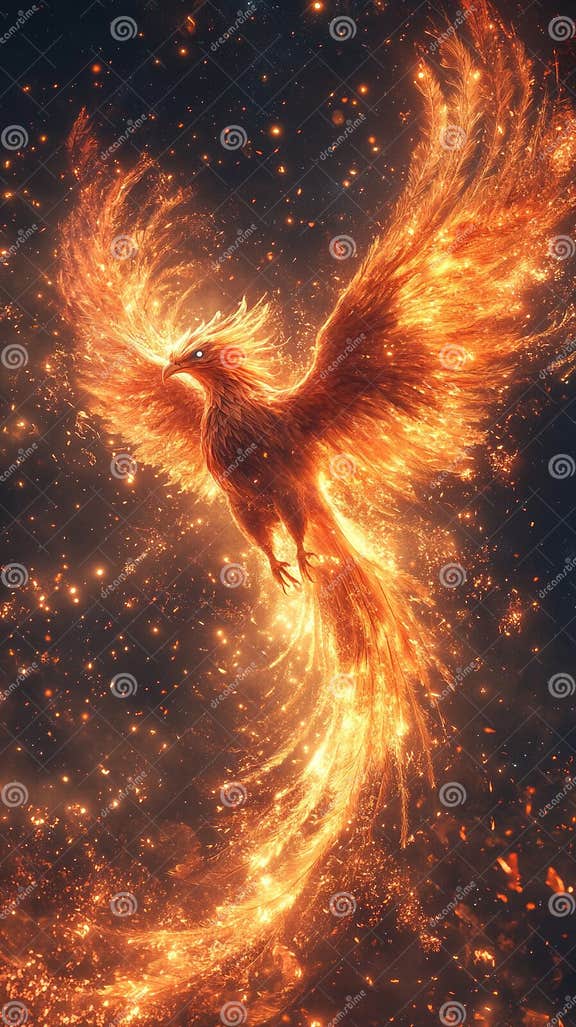 A Fiery Phoenix Soars through the Night Sky. Stock Illustration ...