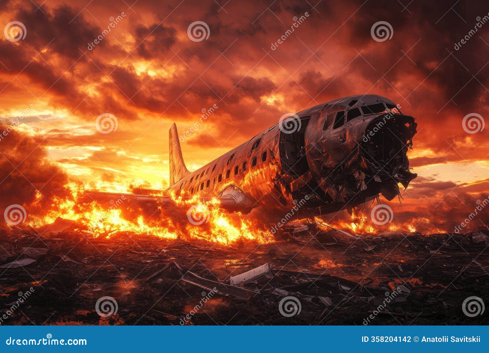 Fiery Plane Crash at Sunset with Intense Flames Engulfing the Wreckage ...