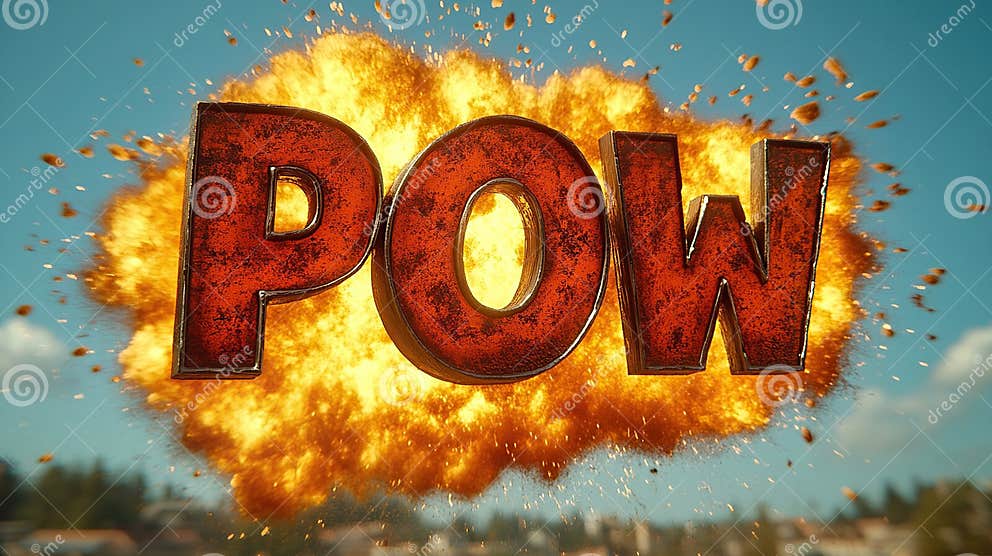 Fiery POW Explosion Text Effect Against a Blue Sky Stock Illustration ...