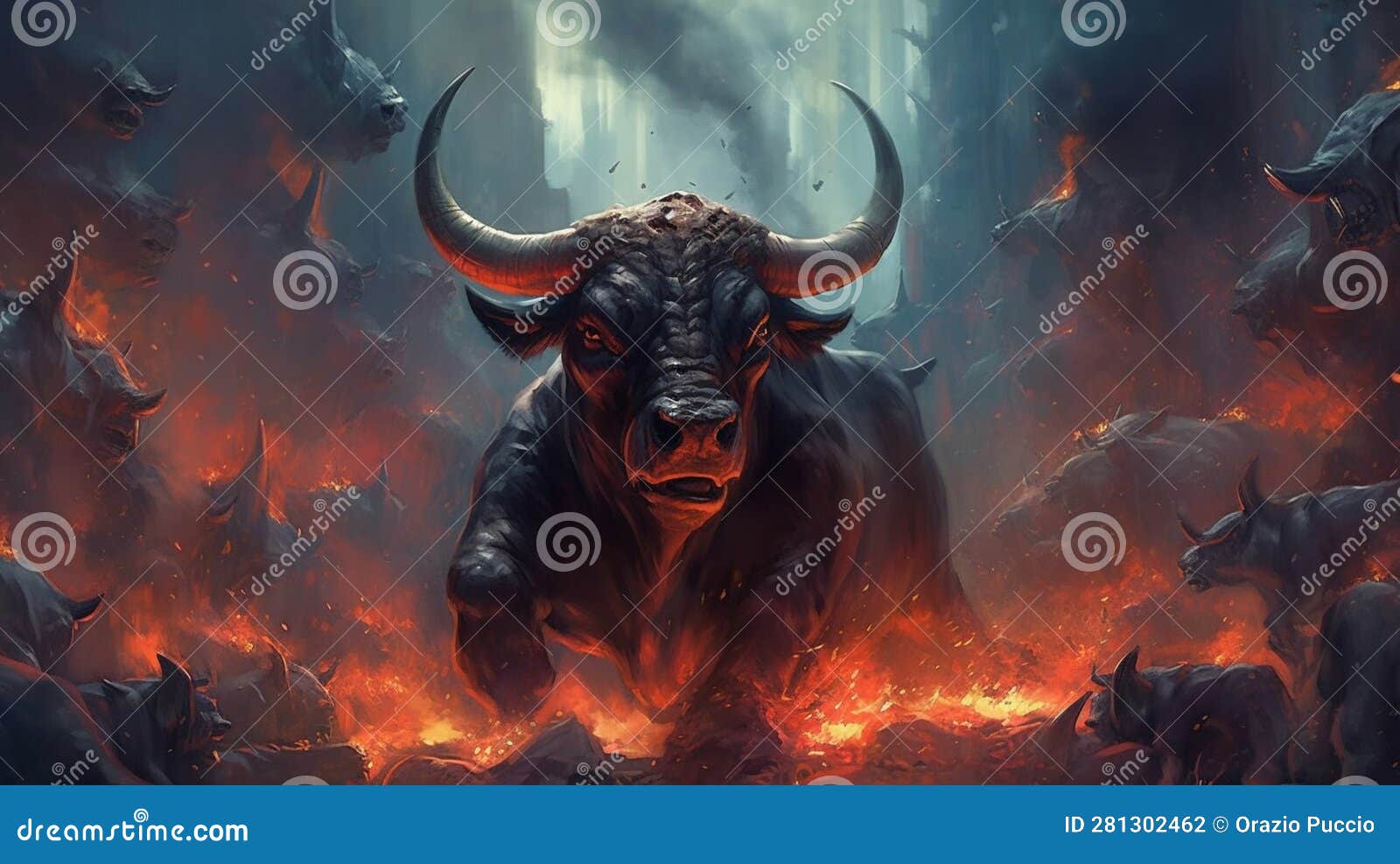 Fiery Rebirth: the Bull Bit Bulls Emerging from the Lava. Stock ...