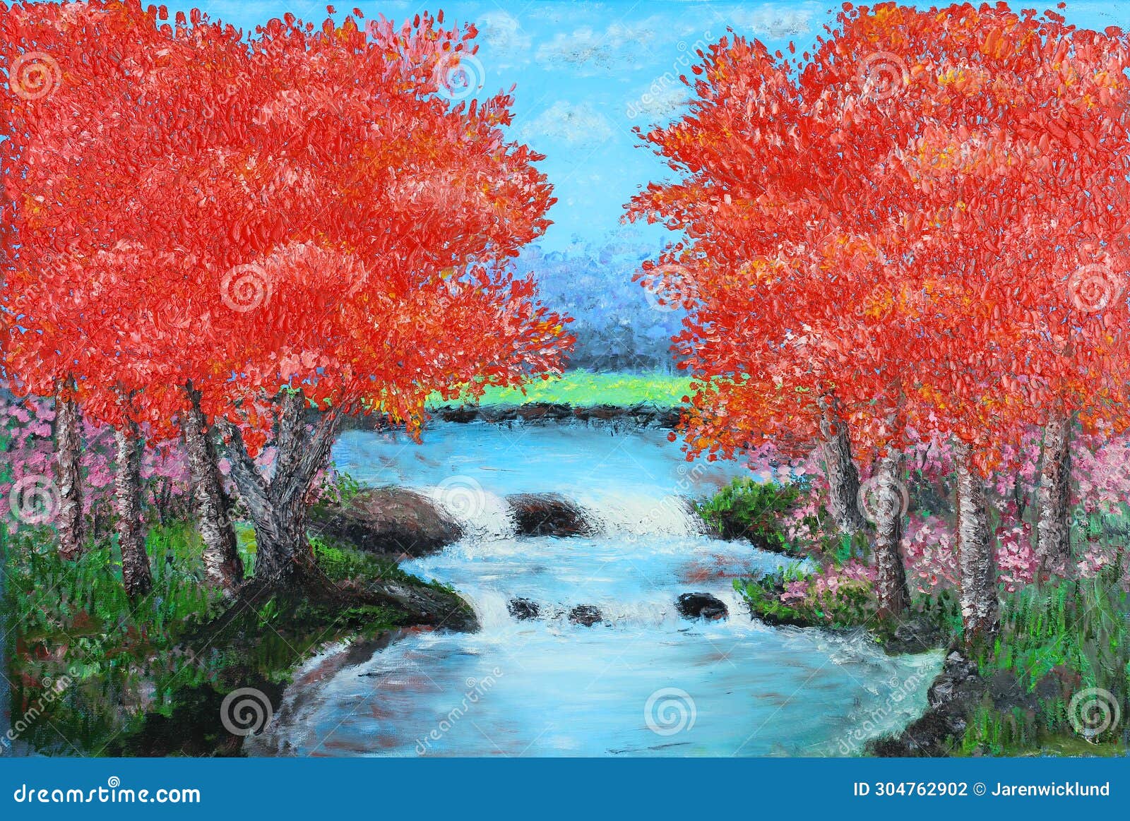 Fiery Red Autumn Trees Flanking River Rapids Stock Photo - Image of ...