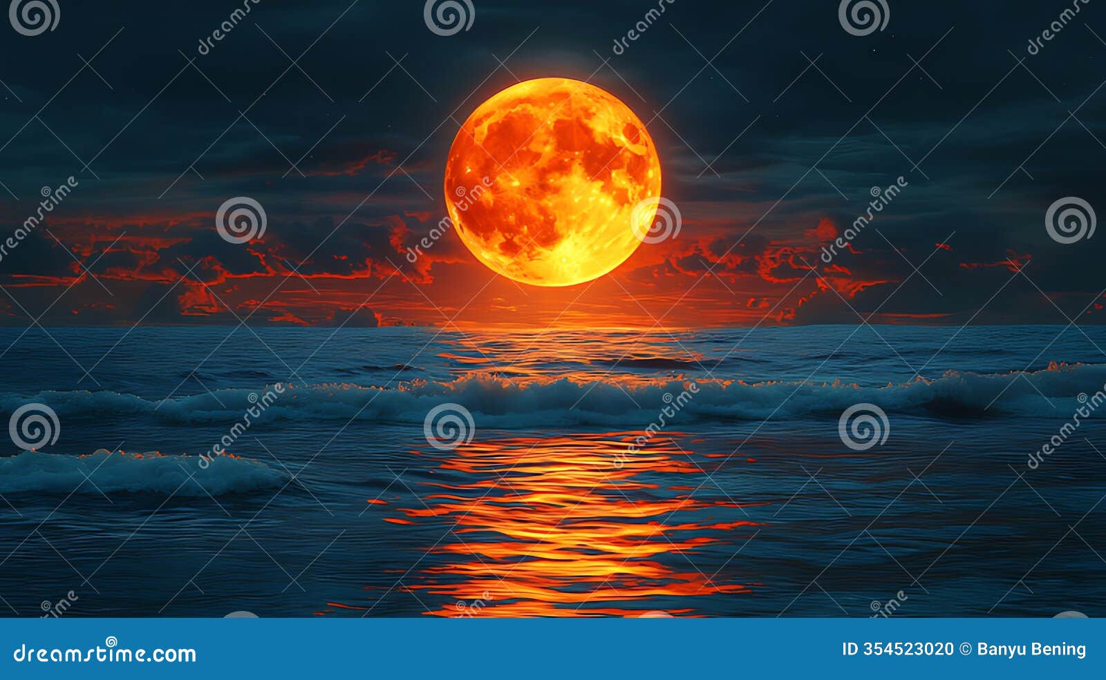 Fiery Red Full Moon Rising Over Dark Ocean Waves at Night, Reflecting ...