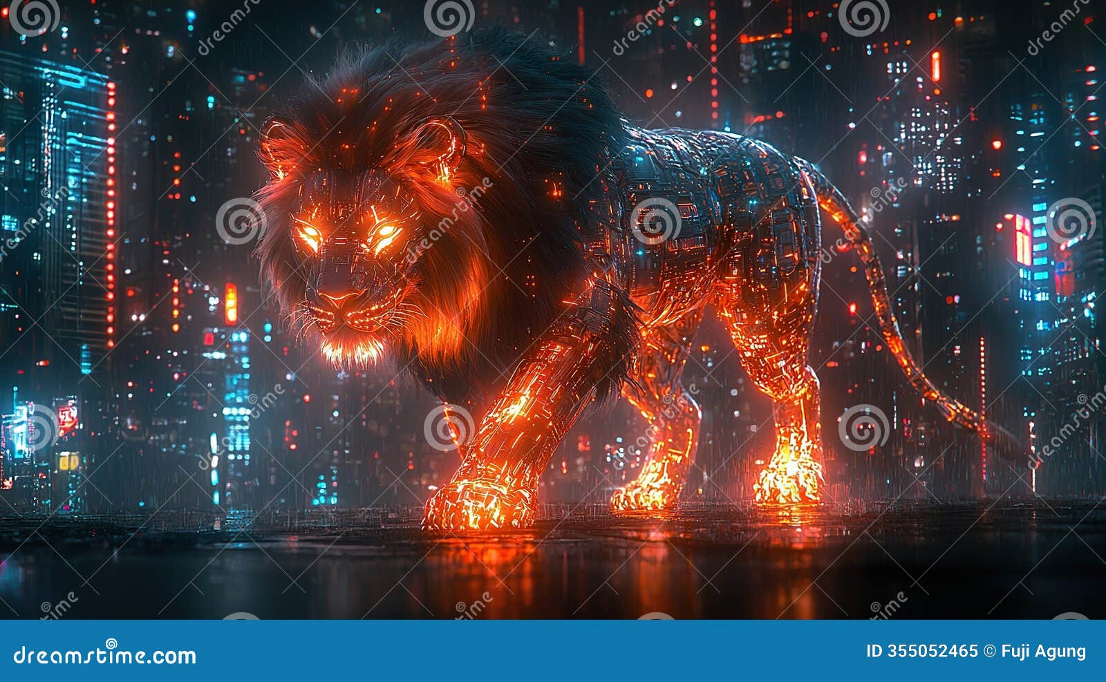 Fiery Robotic Lion Standing in Futuristic City Stock Illustration ...