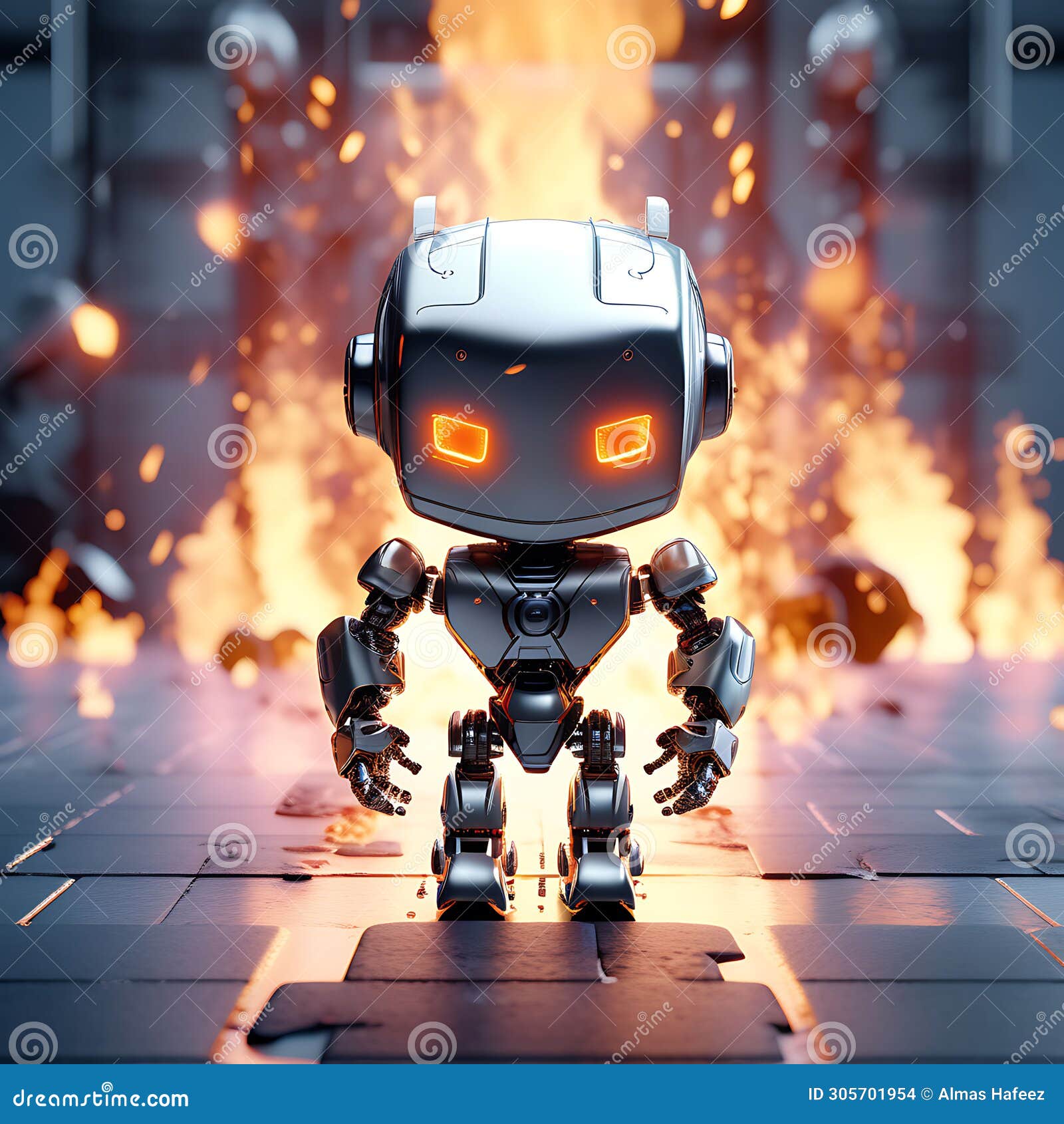 Fiery Robotic Presence: 3D Rendering of a Robot with Flames in the ...