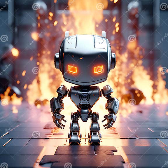 Fiery Robotic Presence: 3D Rendering of a Robot with Flames in the ...