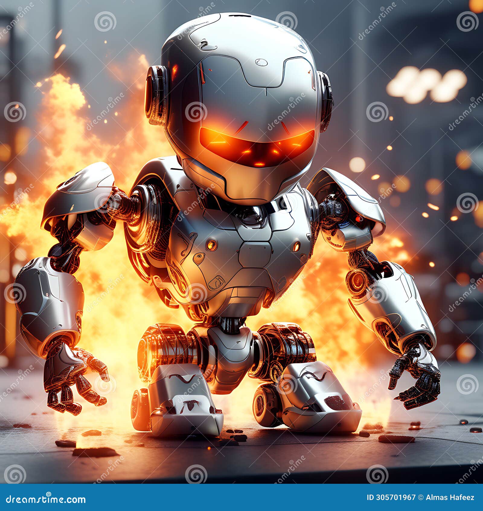 Fiery Robotic Presence: 3D Rendering of a Robot with Flames in the ...