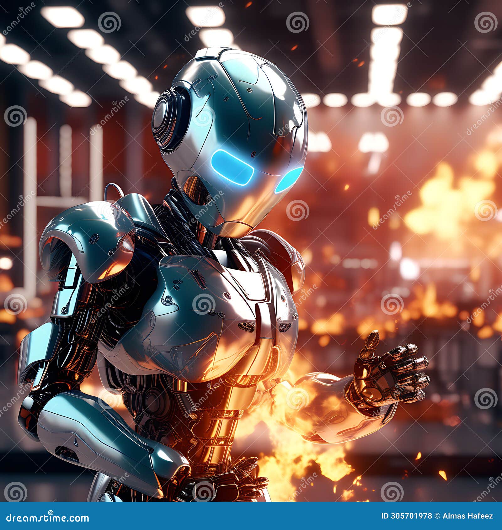 Fiery Robotic Presence: 3D Rendering of a Robot with Flames in the ...