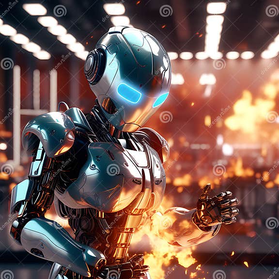 Fiery Robotic Presence: 3D Rendering of a Robot with Flames in the Background Stock Illustration ...