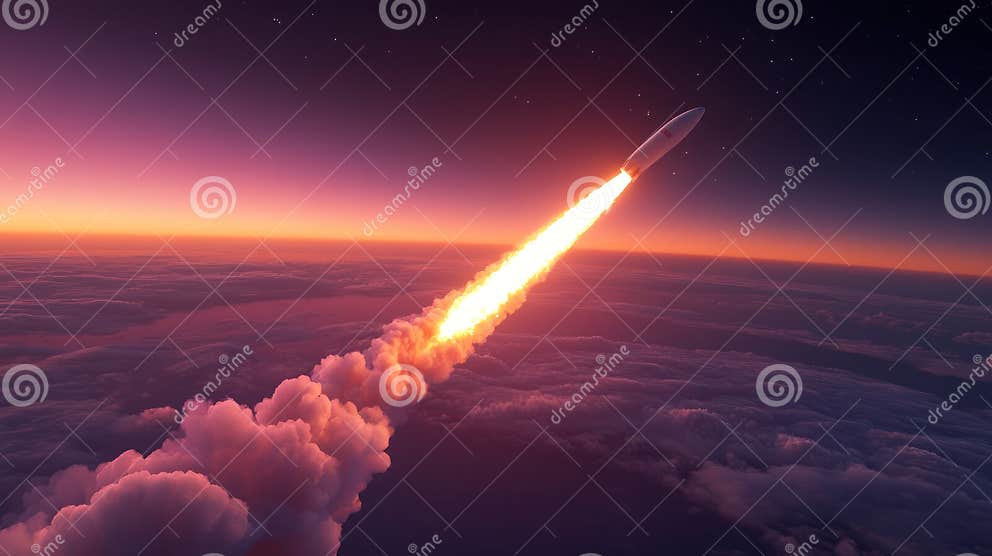 Fiery Rocket Soaring through Dramatic Sunset Sky Stock Illustration ...