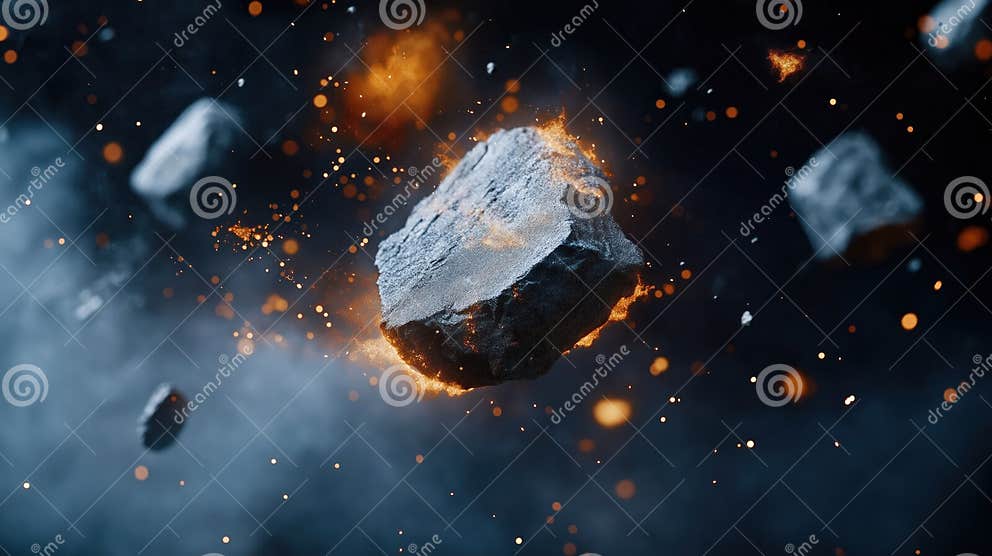 Fiery Rocks Explode in Dynamic Scene. Abstract Explosion with Flying ...