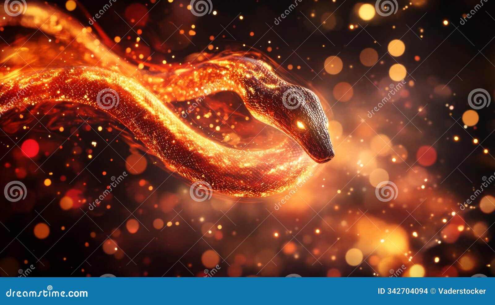 A Fiery Serpent with Glowing Scales and Bokeh Background Stock ...