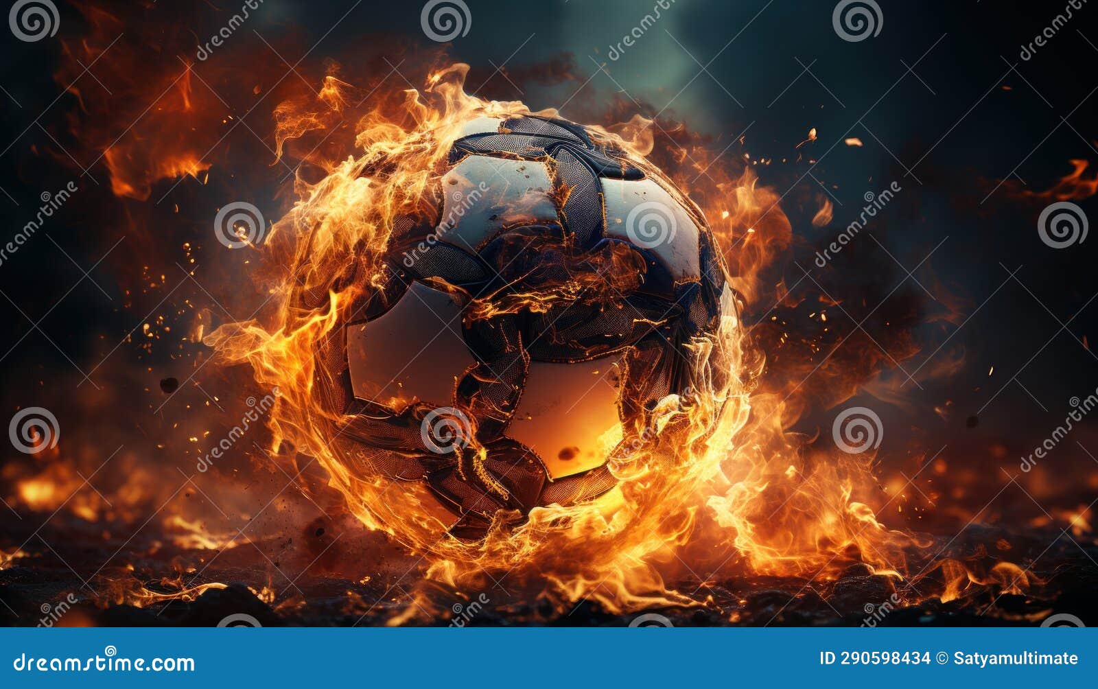 Fiery Soccer Ball, Powerfully Kicked, Close Up Action In A Stadium ...