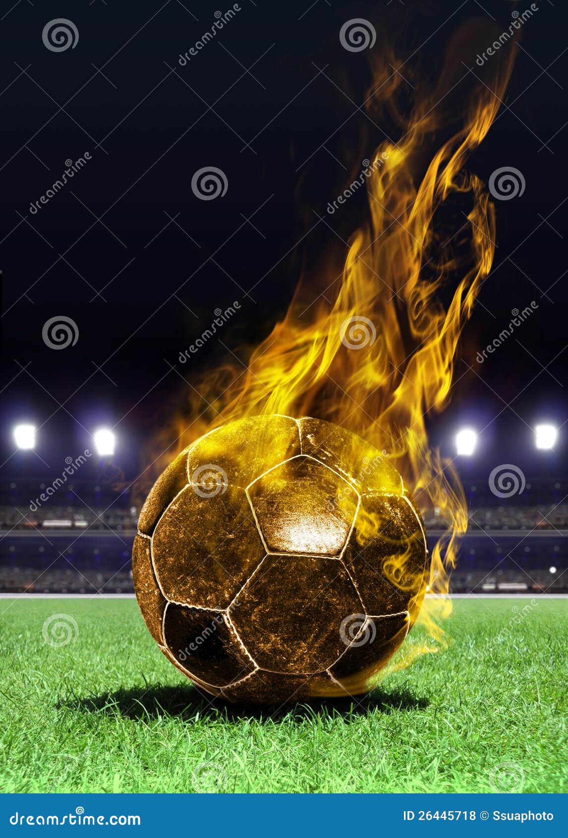 Fiery soccer ball on field stock photo. Image of golden - 26445718
