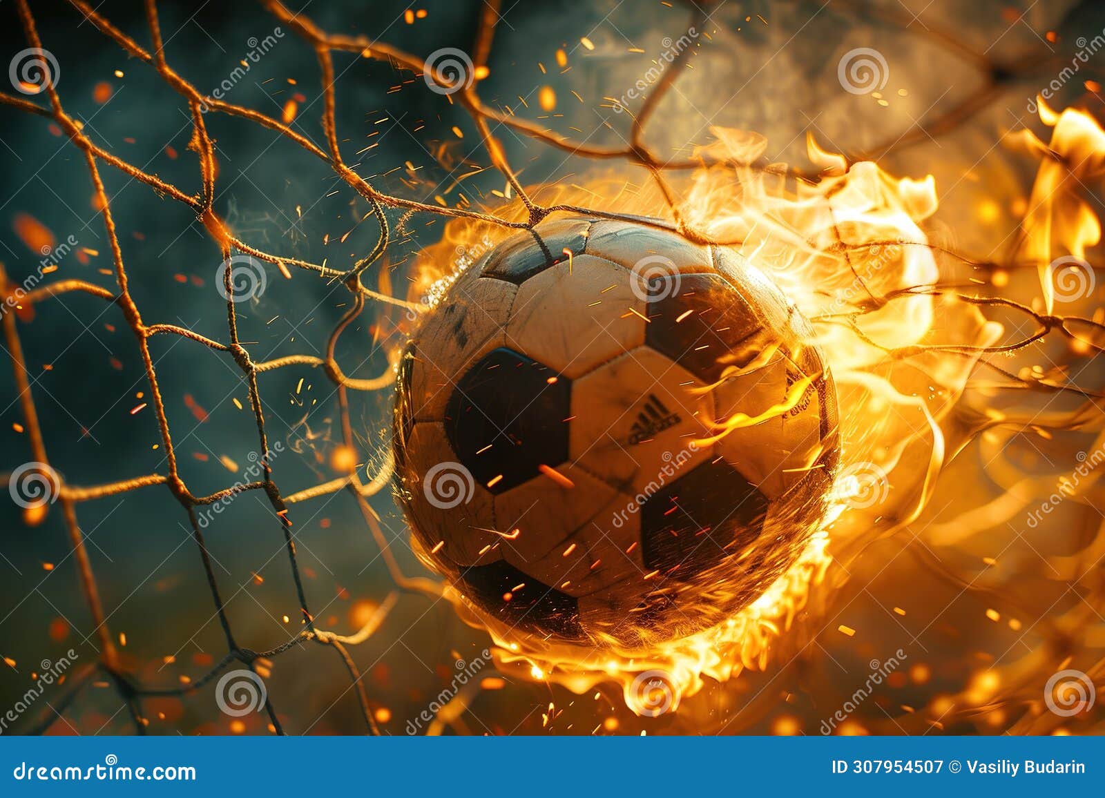 Fiery Soccer Ball in Goal with Net in Flames Stock Image - Image of ...