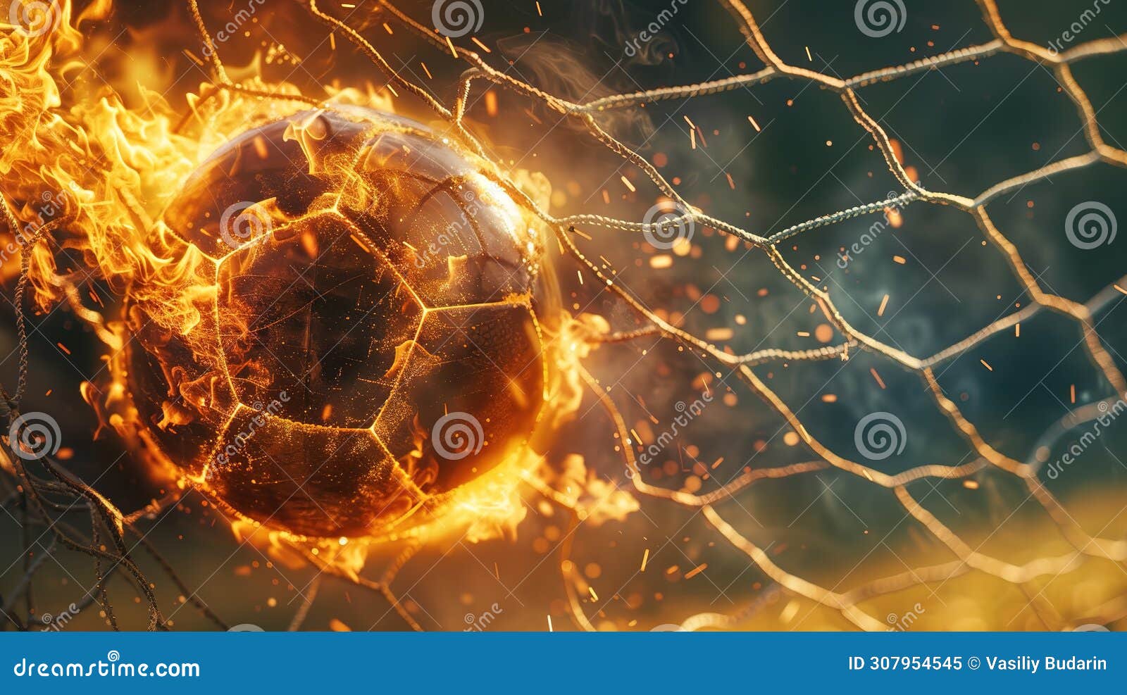 Fiery Soccer Ball in Goal with Net in Flames Stock Image - Image of ...