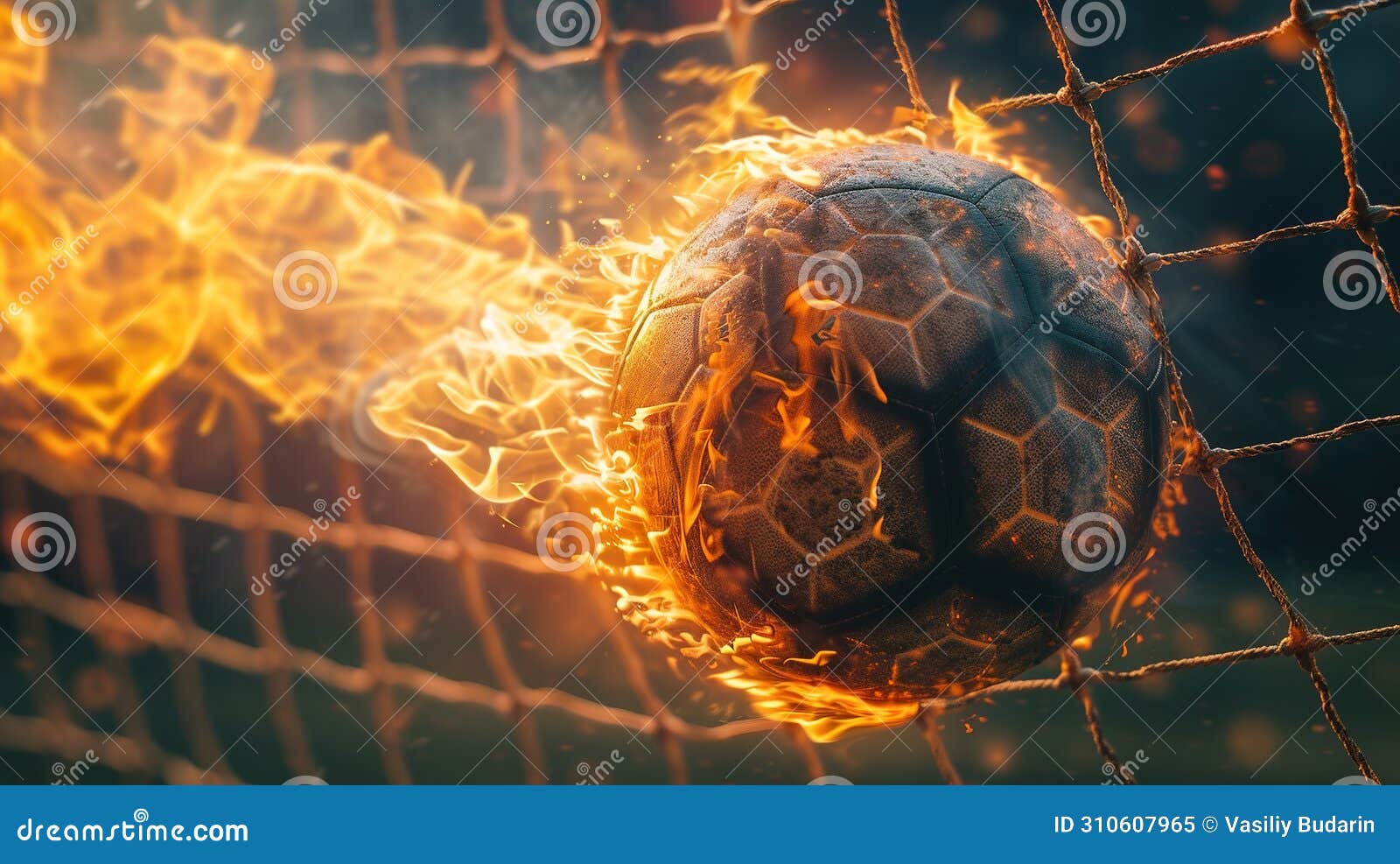Fiery Soccer Ball in Goal with Net in Flames Stock Image - Image of ...