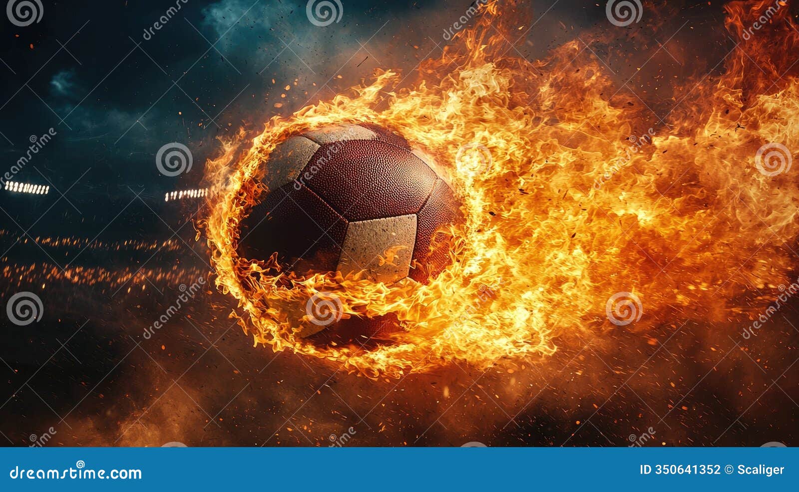 Fiery Soccer Ball in Motion with Flames in Stadium Night Sky Stock ...