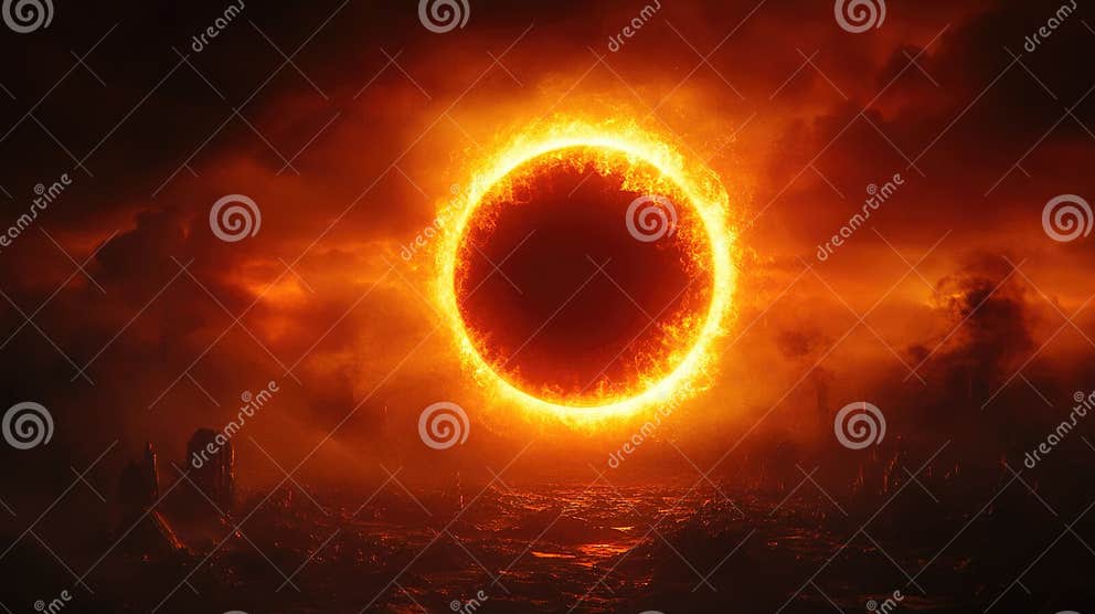Fiery Solar Eclipse in Dramatic Dark Sky Over Volcanic Landscape Stock ...