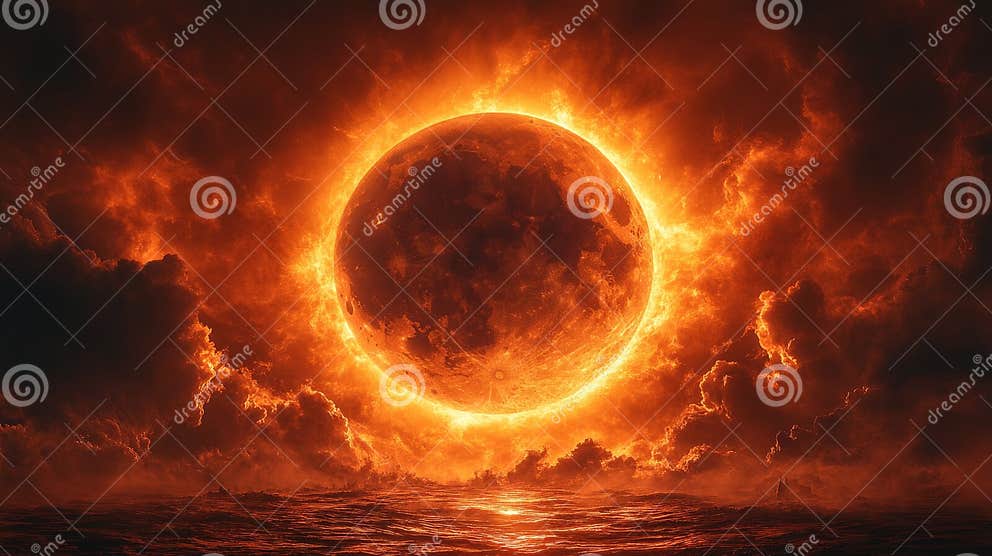 Fiery Solar Eclipse Over Ocean at Sunset, Dramatic Sky and Glowing Sun ...