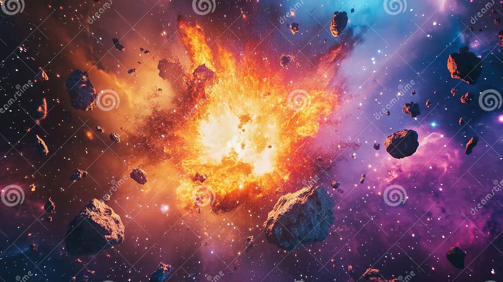 Fiery Space Explosion with Asteroids in Deep Space Stock Photo - Image ...