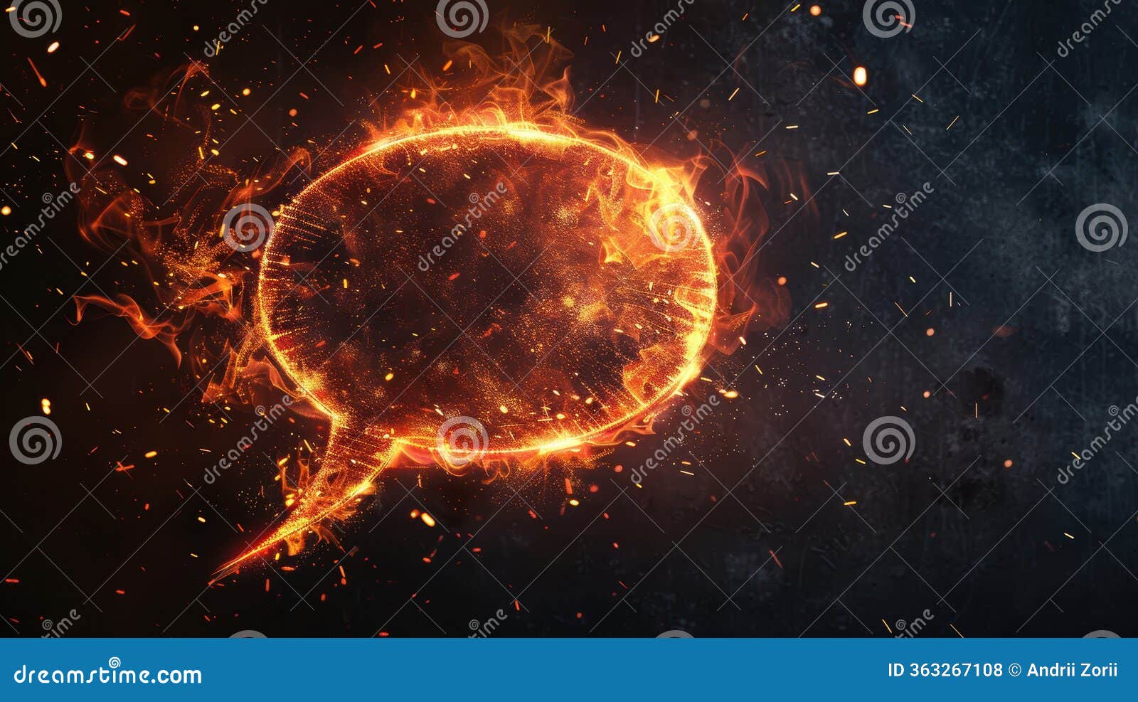 Fiery Speech Bubble with Glowing Embers and Sparks on Dramatic Black ...