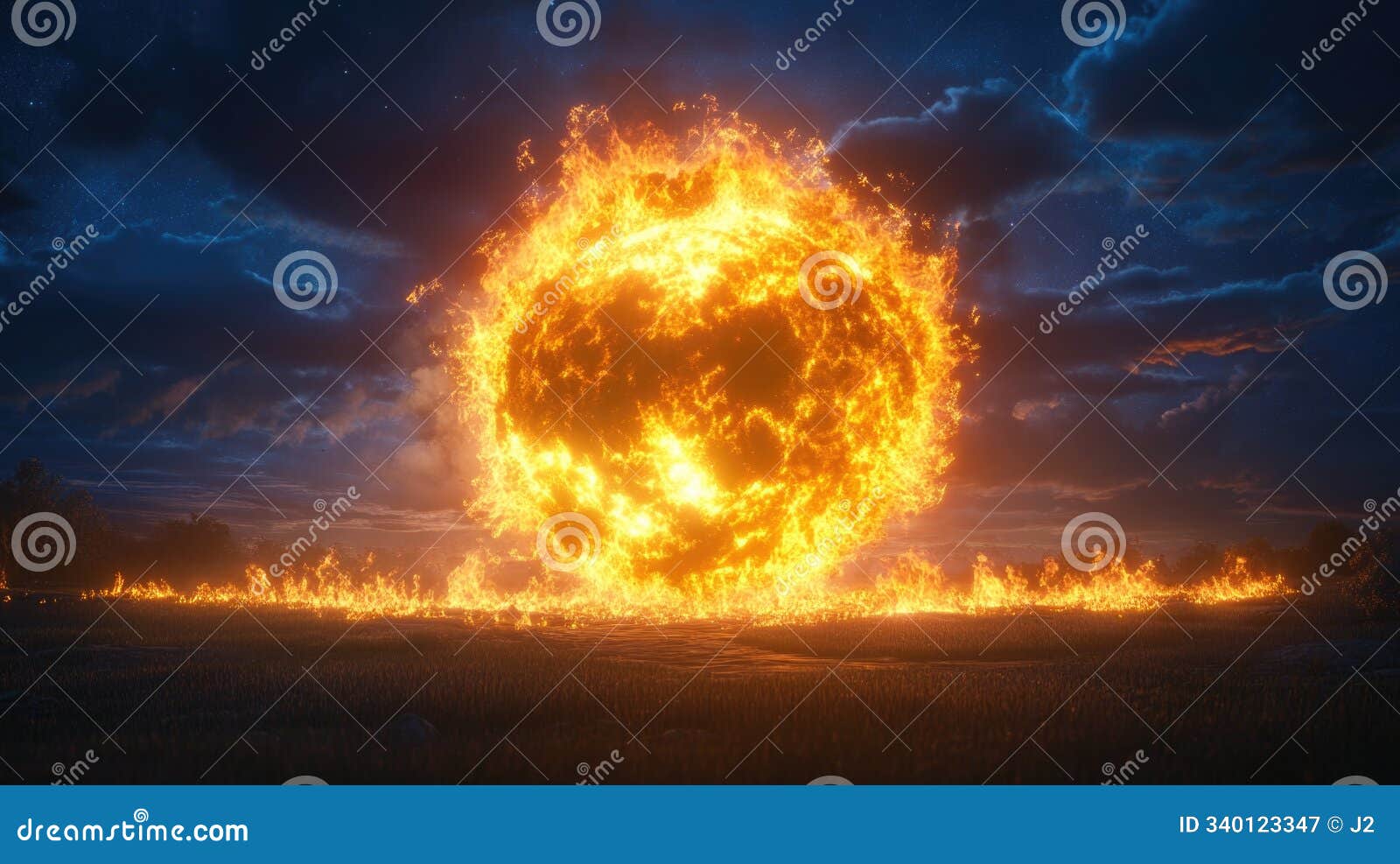 Fiery Sphere Blazing in a Field Under Night Sky with Clouds Stock Image - Image of explosion ...