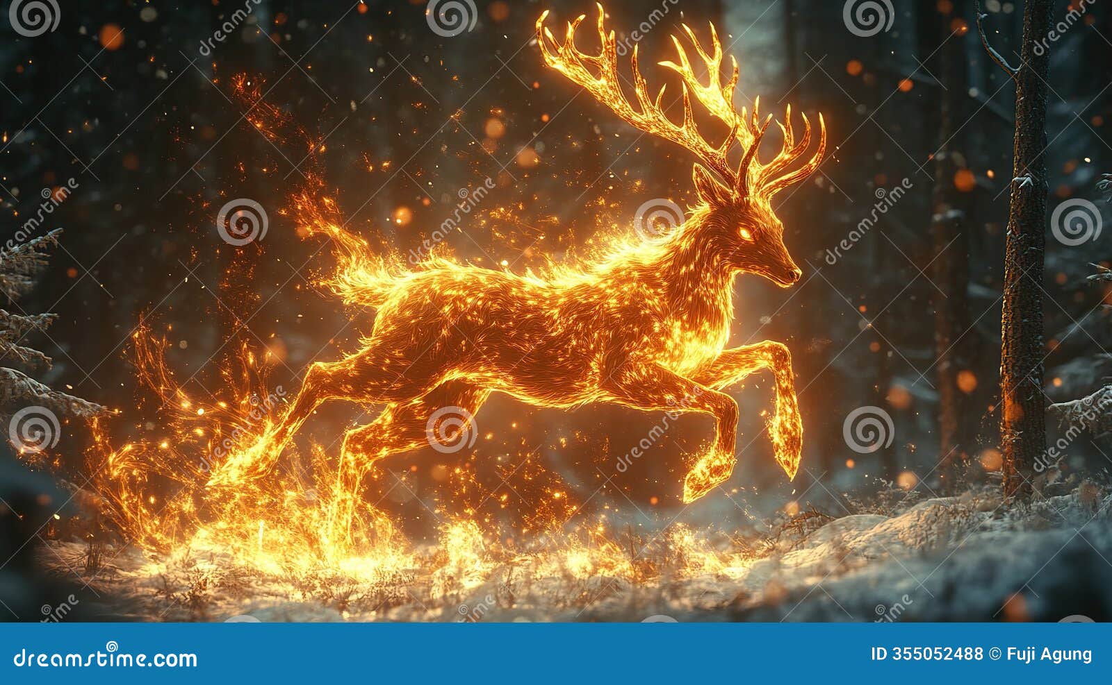 Fiery Stag Leaping through Snowy Forest Stock Illustration ...