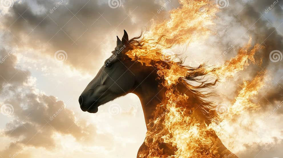Fiery Stallion with Mane Ablaze Against Dramatic Cloudscape Stock Photo ...