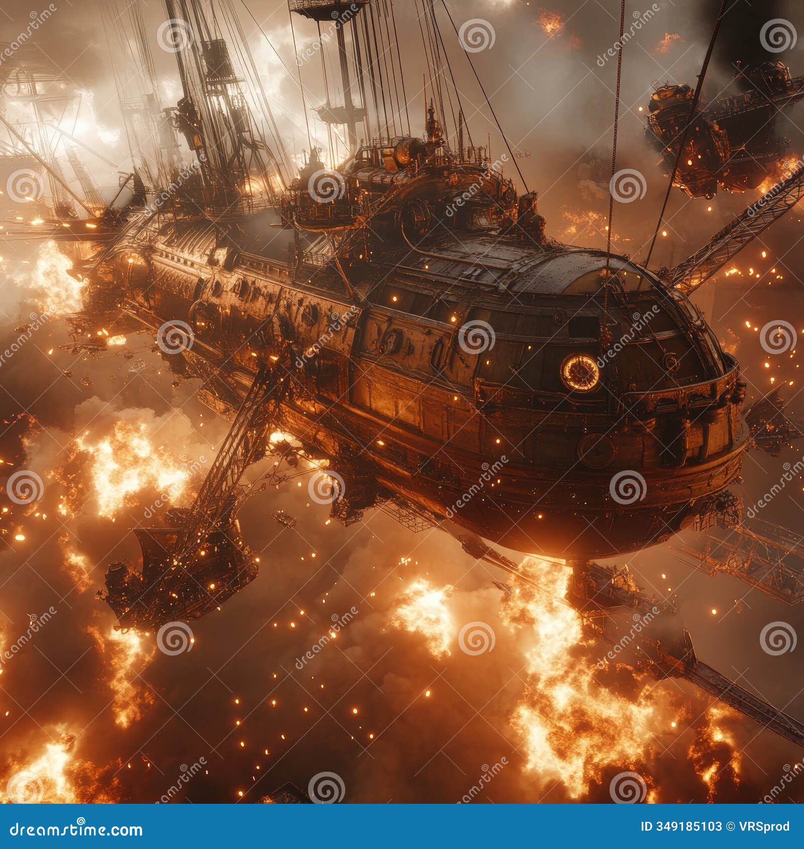 Fiery Steampunk Airship Engulfed in Flames, Dark Background Stock Image ...