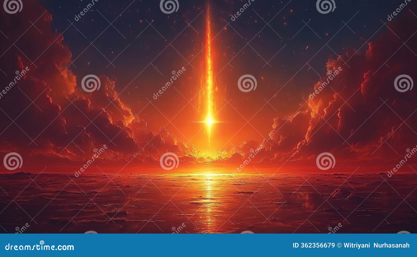 Fiery Sunset Beam Ocean Cloudscape; Fantasy Art Stock Image - Image of ...