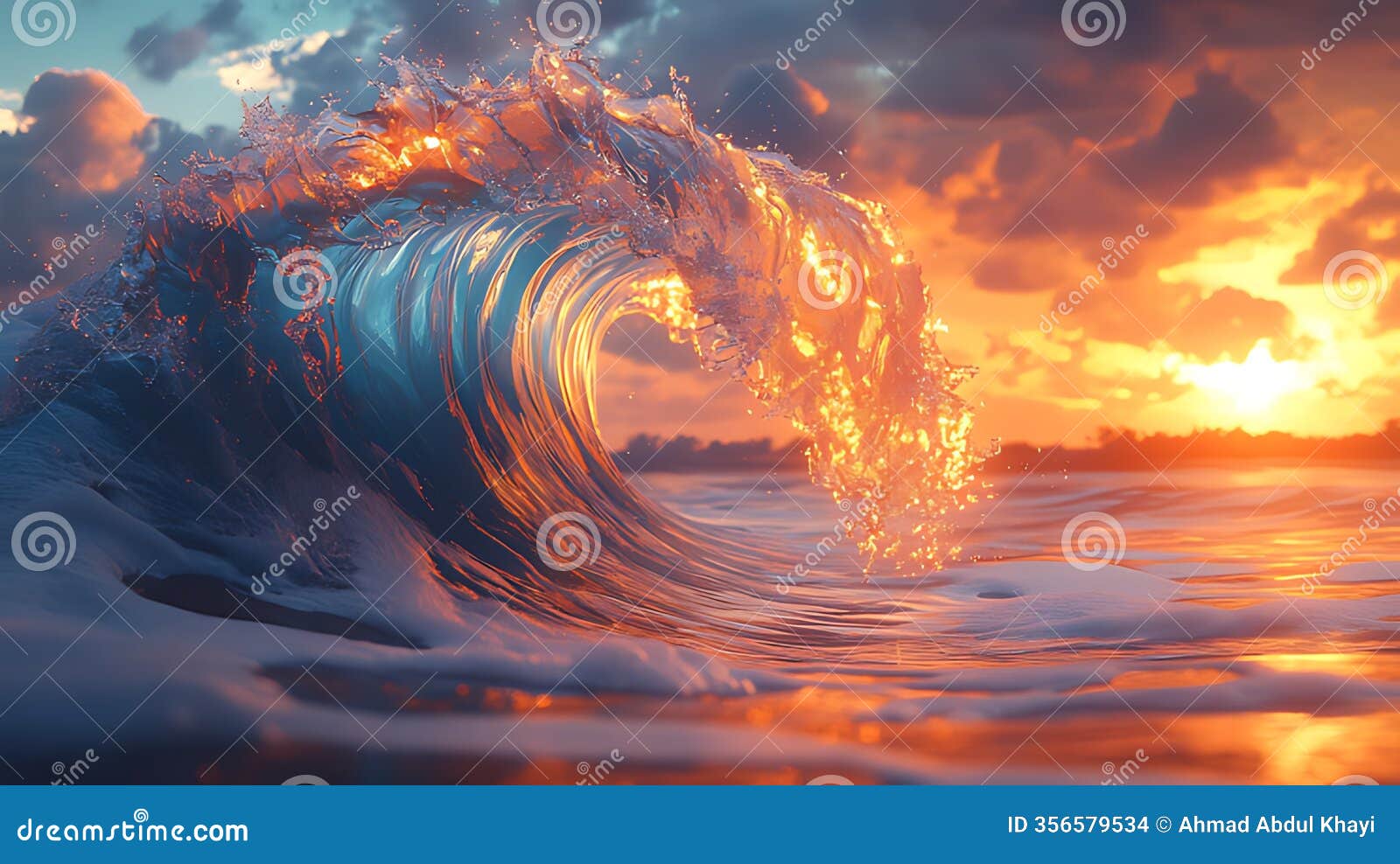 Fiery Sunset Illuminating a Translucent Ocean Wave Curling Stock ...