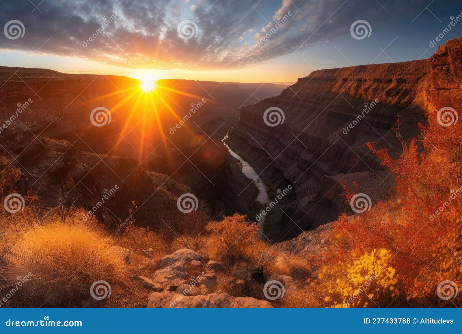 Fiery Sunset Over Canyon, with the Sun Casting Its Golden Rays on the ...