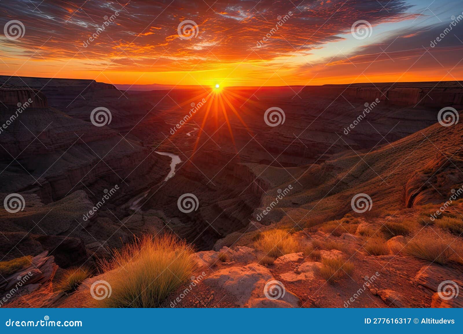 Fiery Sunset Over Canyon, with the Sun Casting Its Golden Rays on the ...
