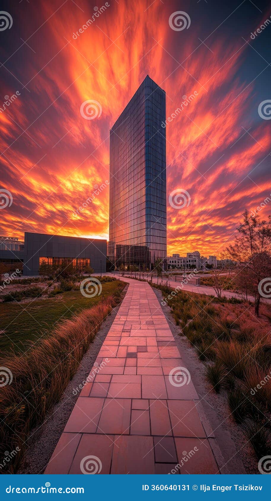 Fiery Sunset Over Glass Facade, Modern Corporate Structure ...