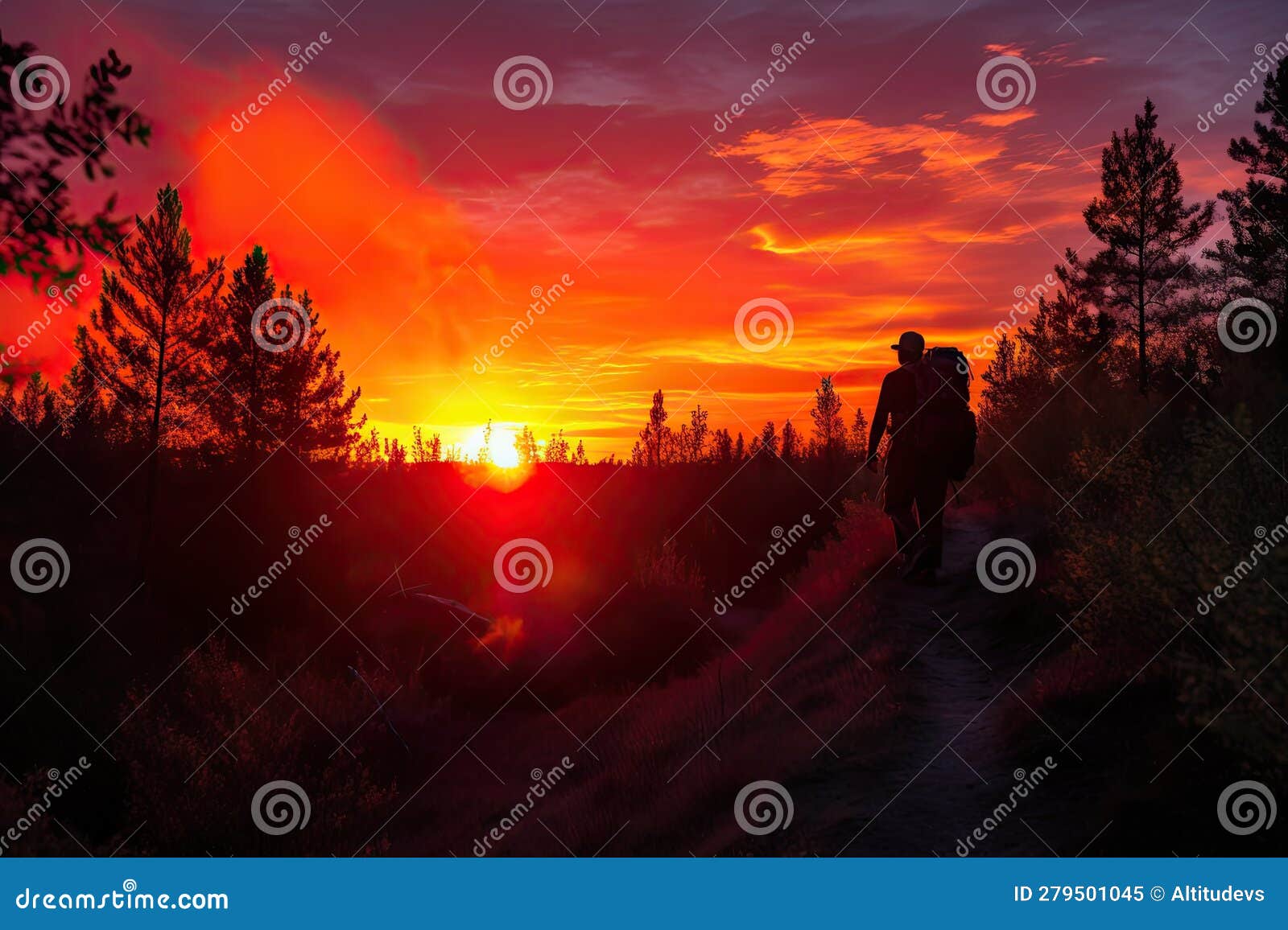 Fiery Sunset, with Silhouetted Figure and Backpacker on the Trail Stock ...