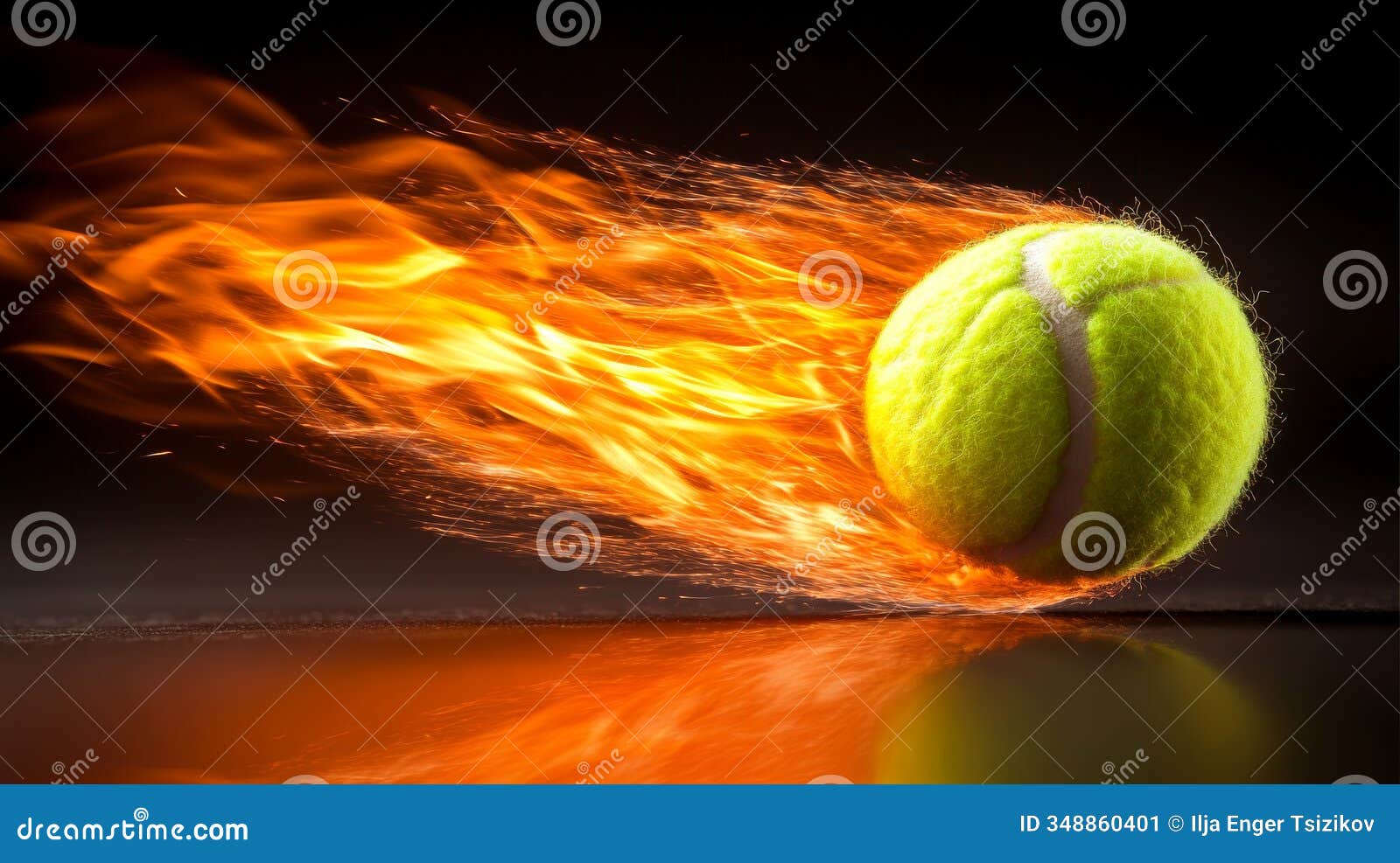 Fiery Tennis Ball Action Shot on Black Background with Dynamic Trailing ...