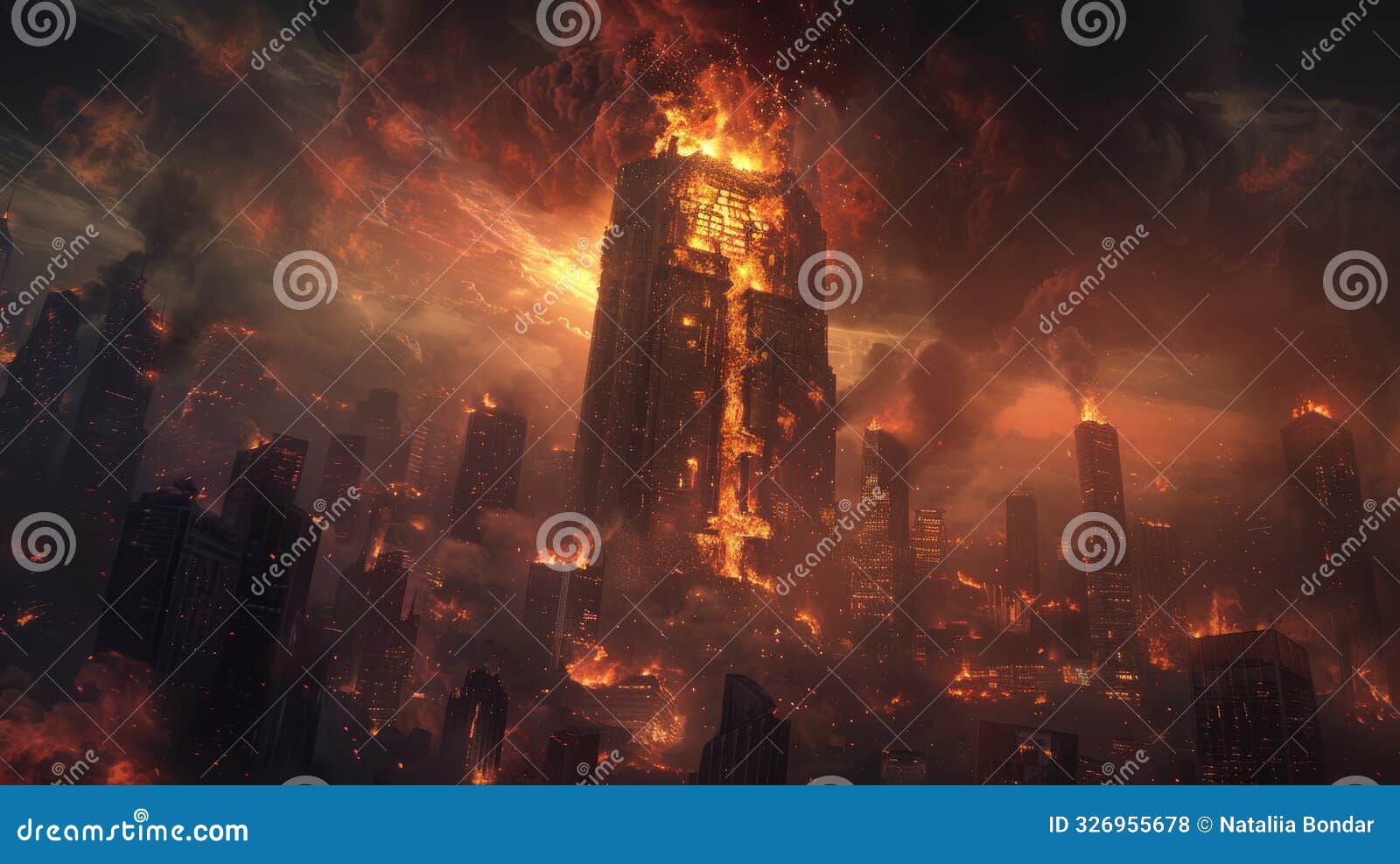 Fiery Tower in Burning Cityscape, Apocalyptic World Stock Photo - Image ...