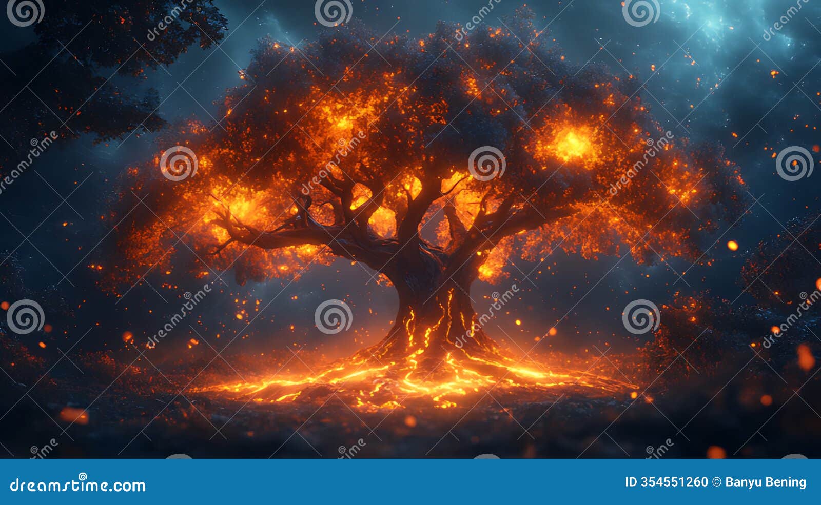 Fiery Tree Ablaze in Dark Forest at Night Stock Illustration ...