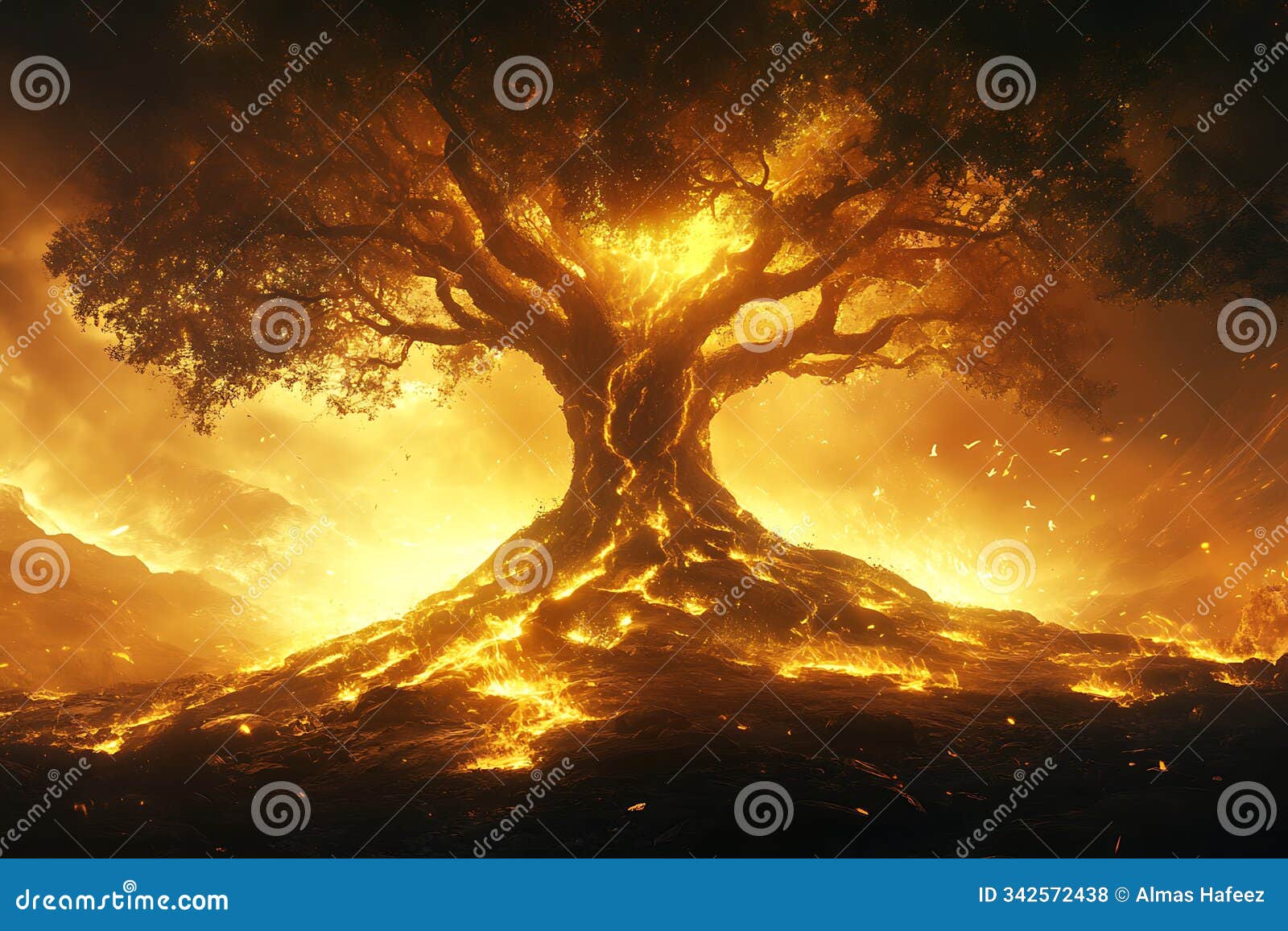 Fiery Tree, Lava Flow, Burning Landscape Stock Illustration ...