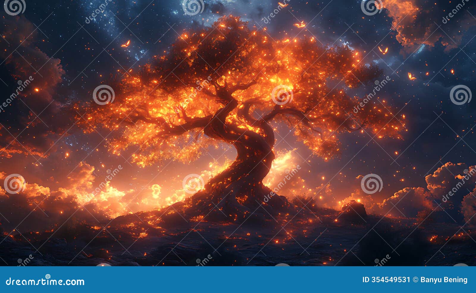 Fiery Tree of Life Ablaze in a Mystical Night Sky Stock Illustration ...