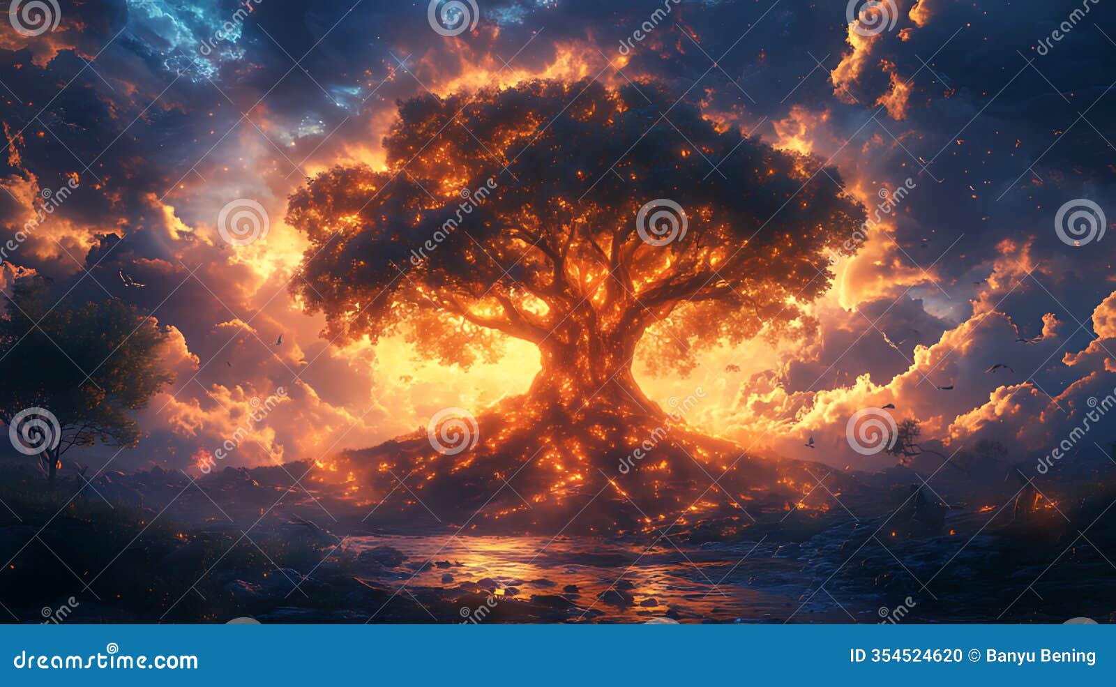 Fiery Tree of Life Glowing at Sunset, Magical Fantasy Landscape Stock ...