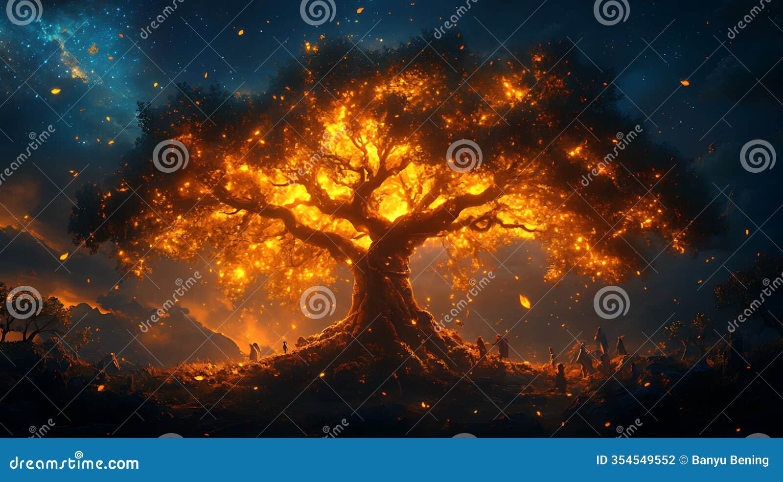 Fiery Tree of Life with People Gathering Around at Night Under a Starry ...