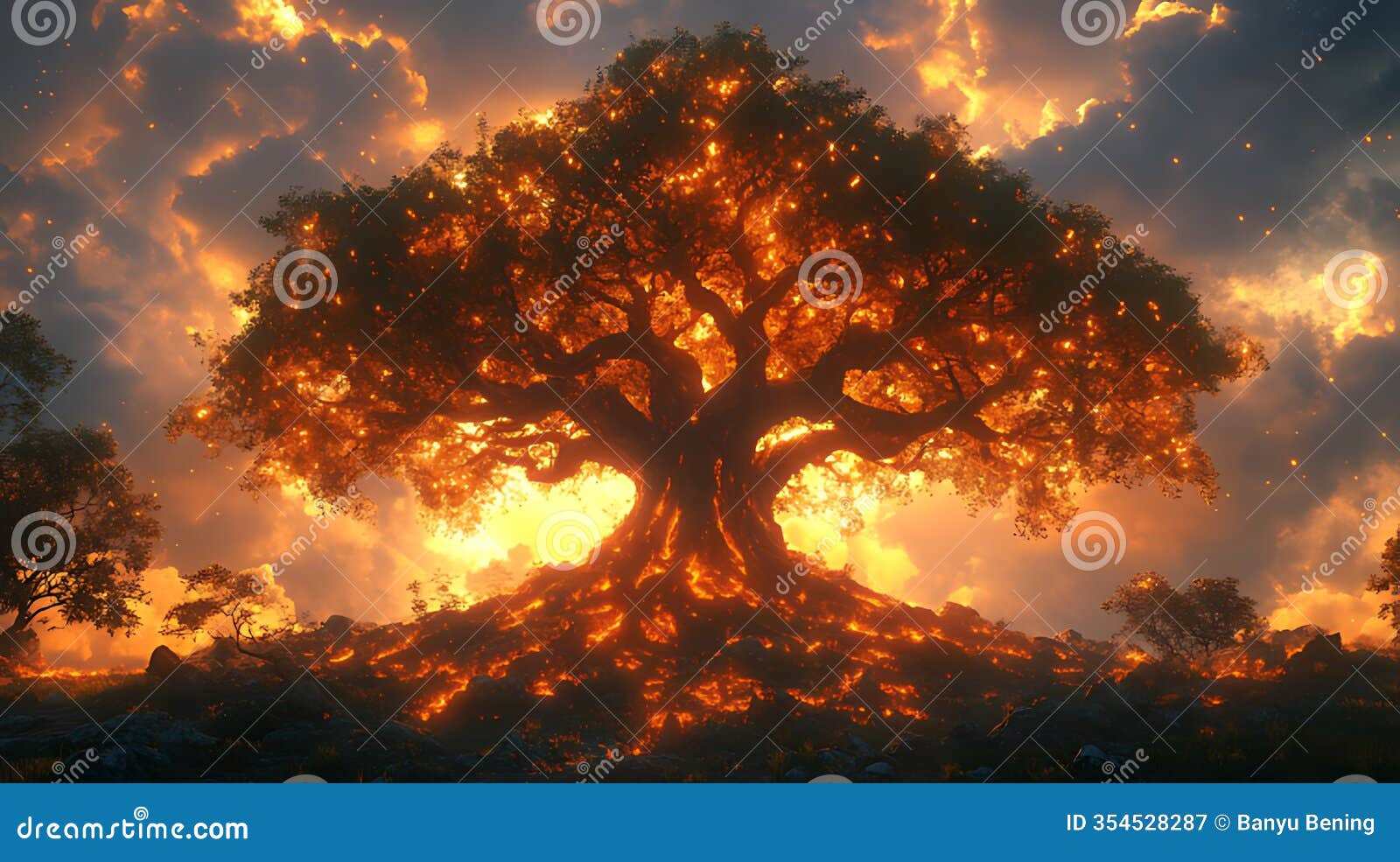 Fiery Tree of Life at Sunset, Glowing Roots, Dramatic Sky Stock ...