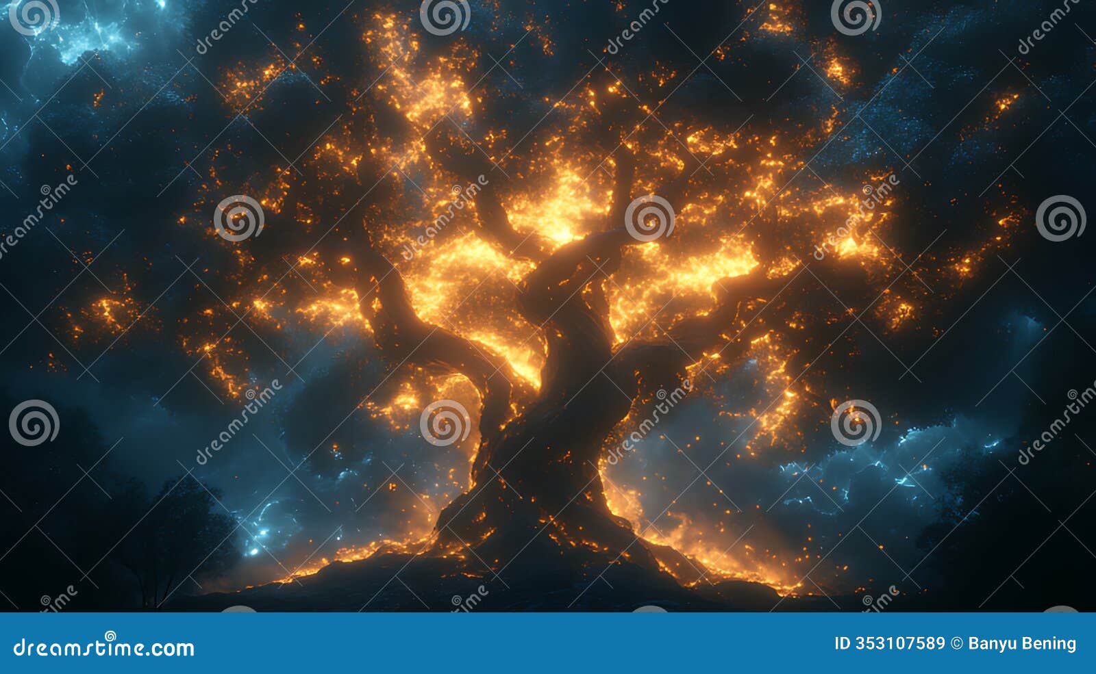 Fiery Tree of Light Glowing in Dark Stormy Night Sky Stock Illustration ...