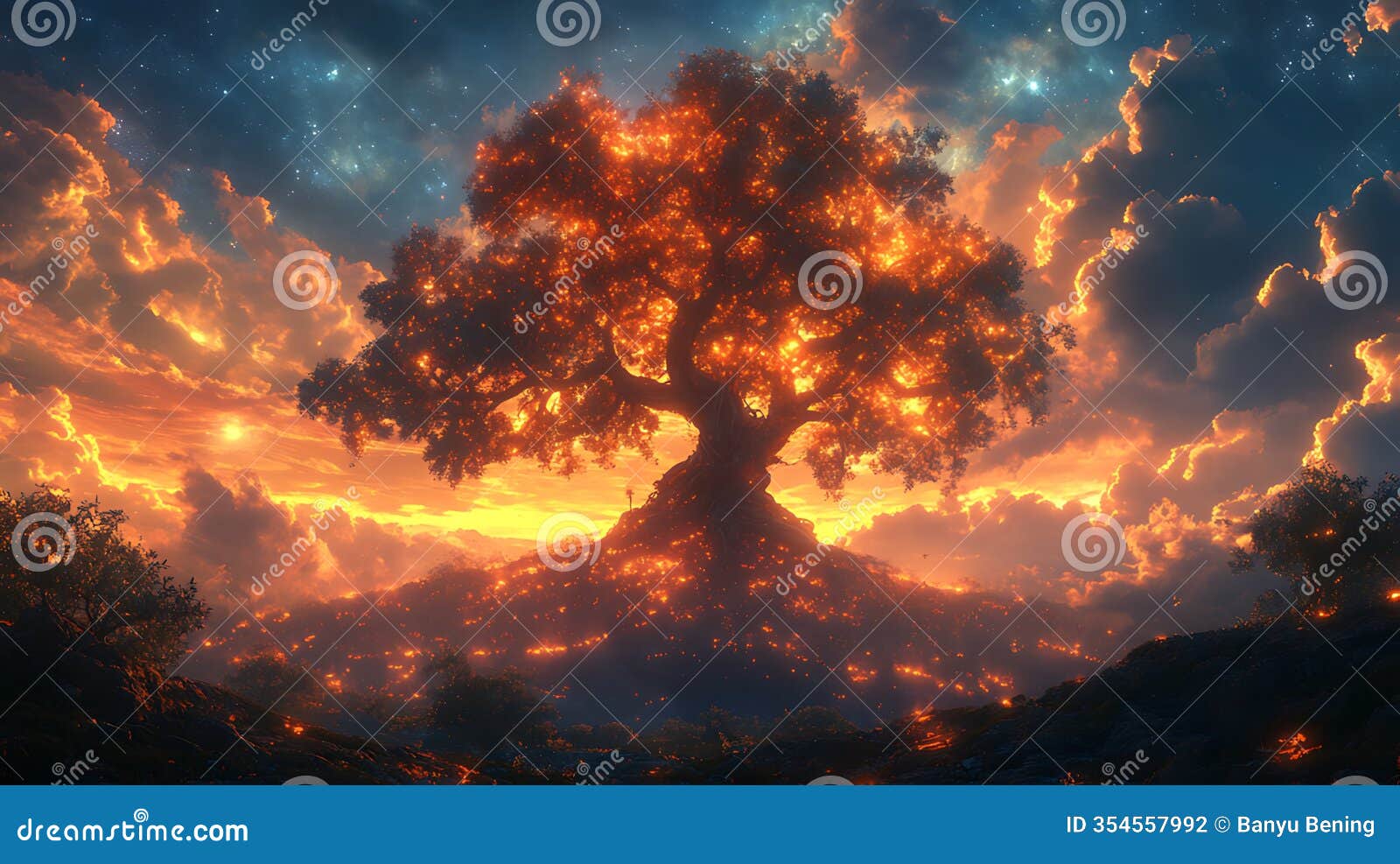 Fiery Tree at Sunset, Glowing Embers, Starry Night Sky Stock ...