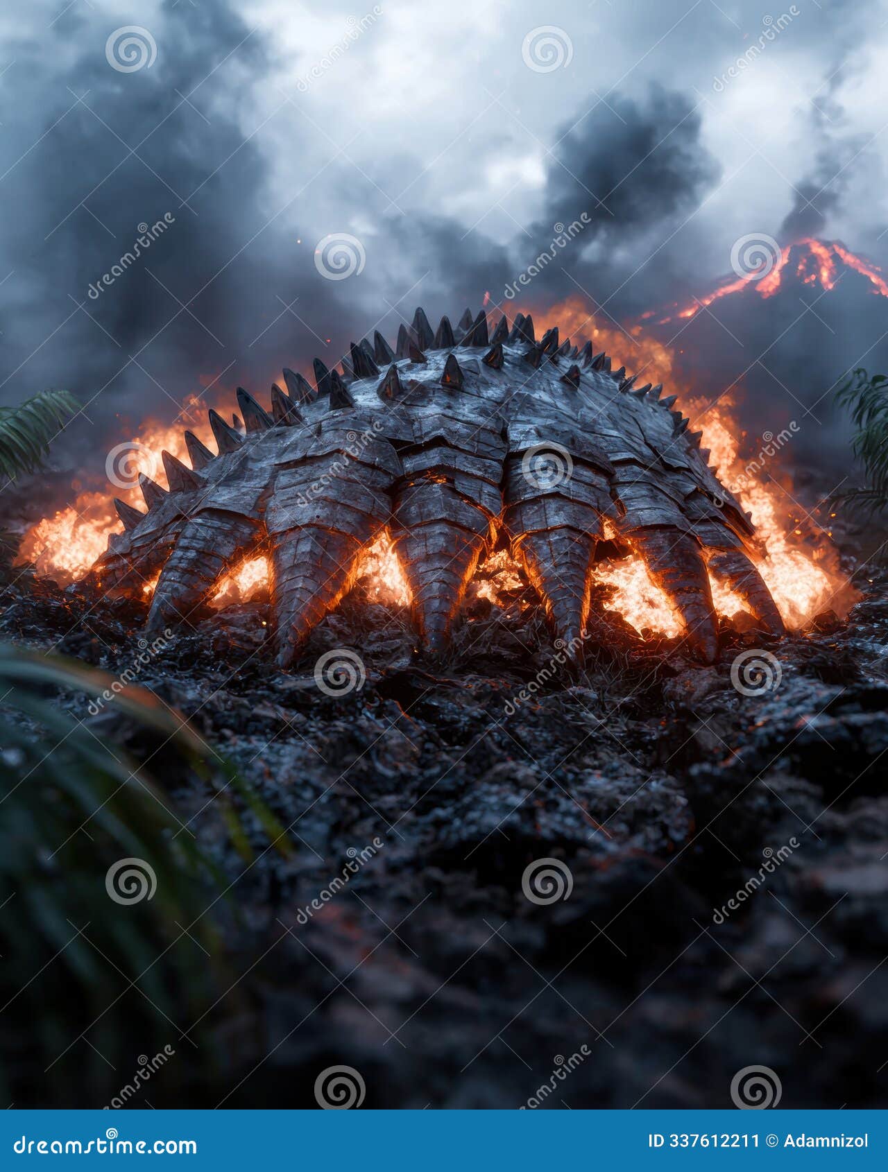 Fiery Volcanic Eruption with Spiny Creature Stock Illustration ...