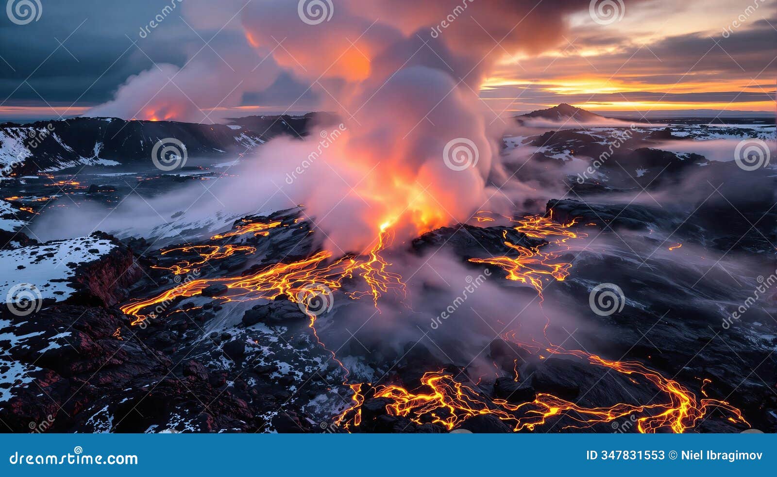 Fiery Volcano Eruption at Sunset with Flowing Lava and Smoke in ...